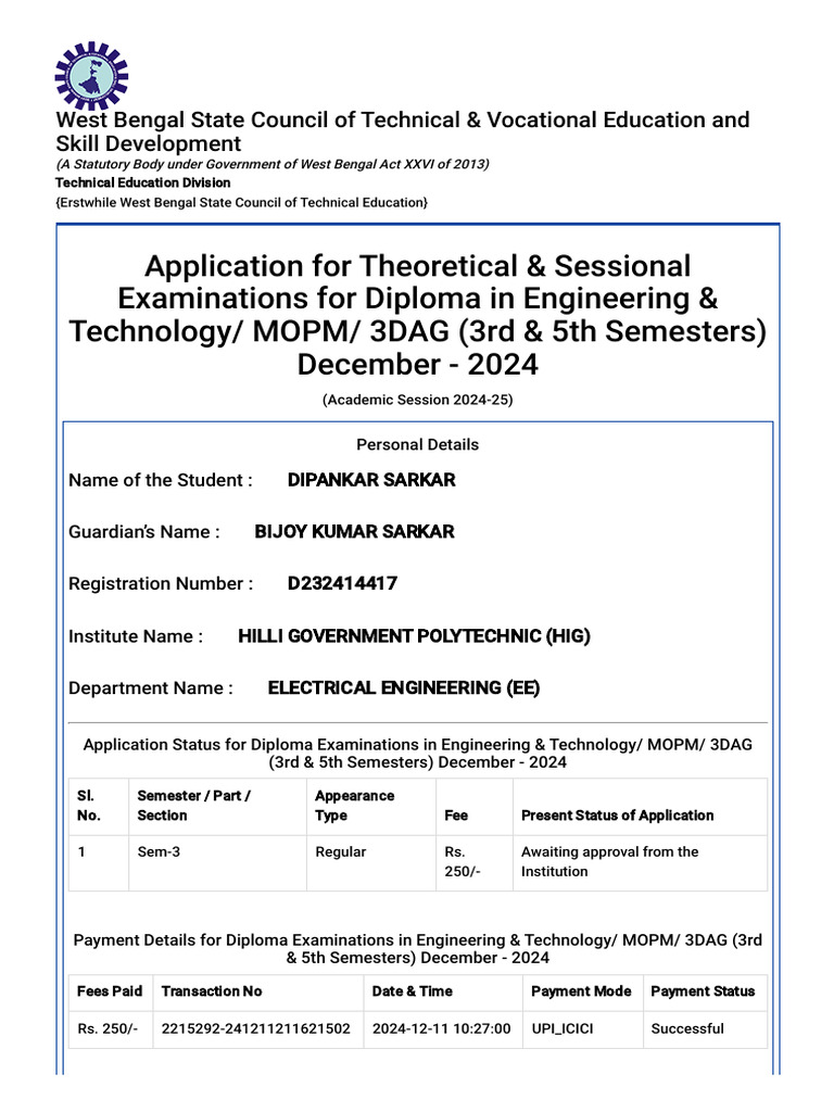 Examination Form Fillup 3 RD Semester | PDF