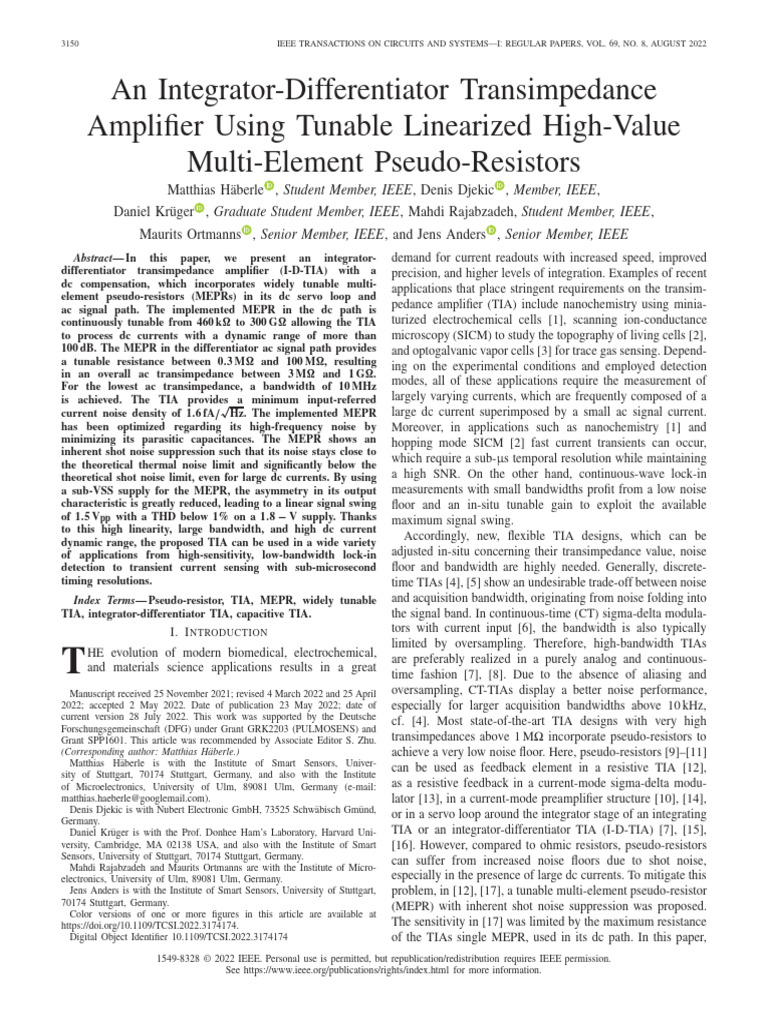 An Integrator-Differentiator Transimpedance Amplifier Using Tunable Linearized High-Value Multi ...