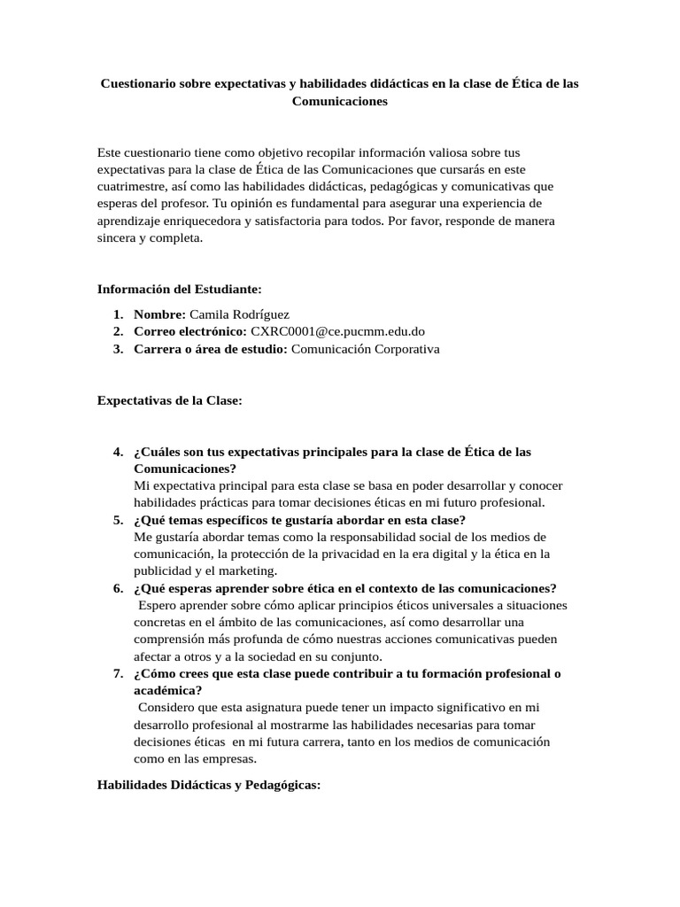 Cuestionario Sobre Expectativas y Habilidades Didácticas en La Clase de ...
