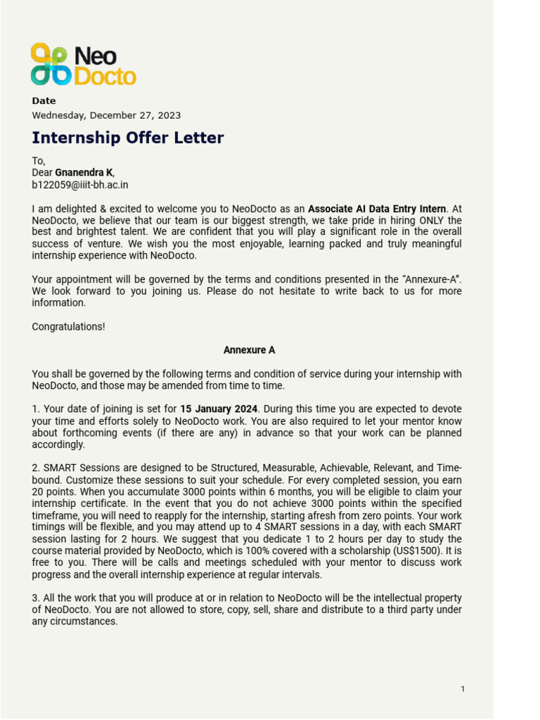 NeoDocto Intern Offer Letter | PDF
