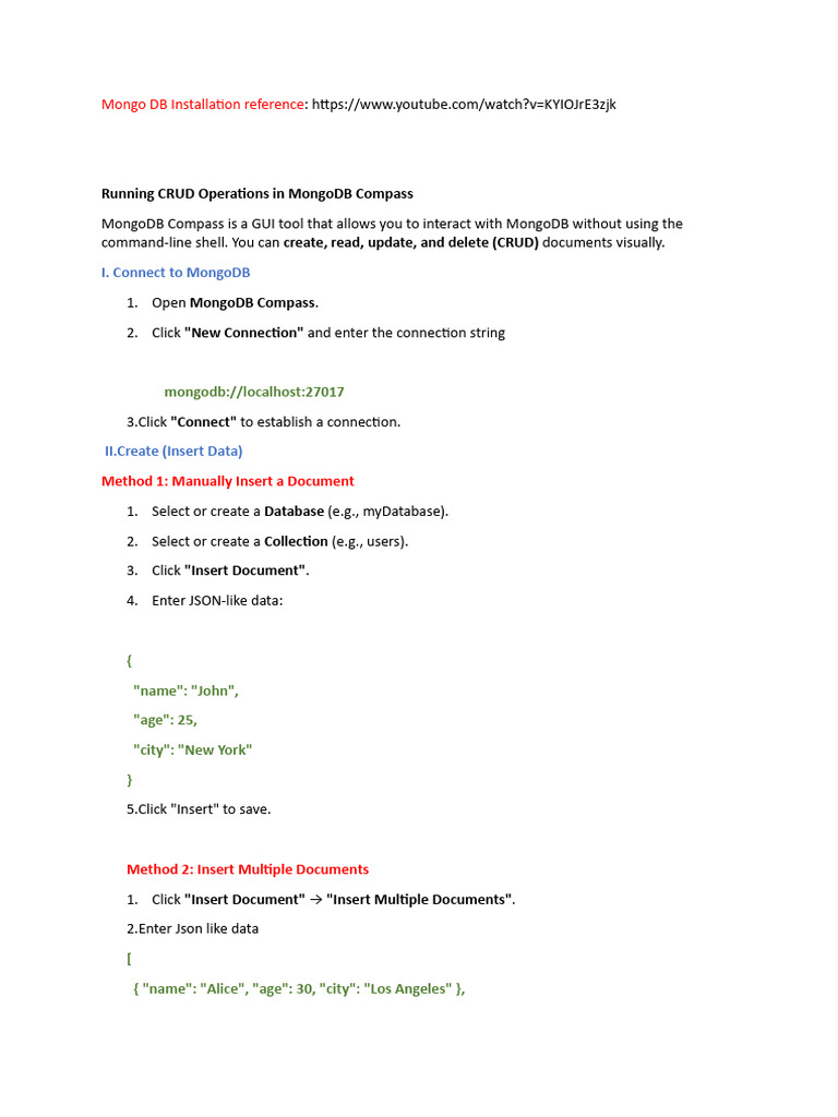 Crud Operations In Mongodb Compass Sample Programs For Exercise Pdf Mongo Db Databases