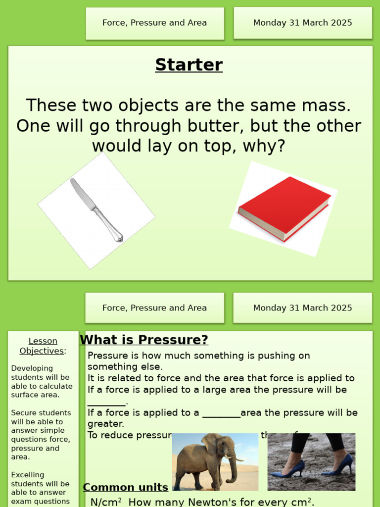 Force Pressure Area | PDF | Force | Pressure