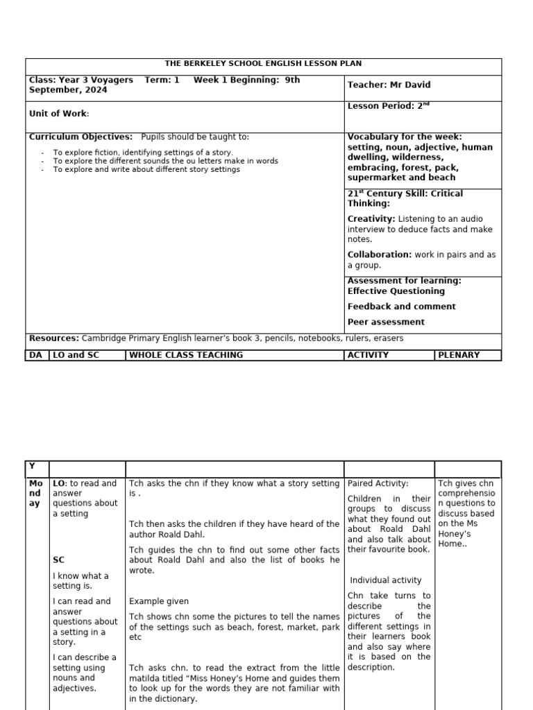 Week 1 English Plan Year 3 | PDF | Reading Comprehension | Adjective