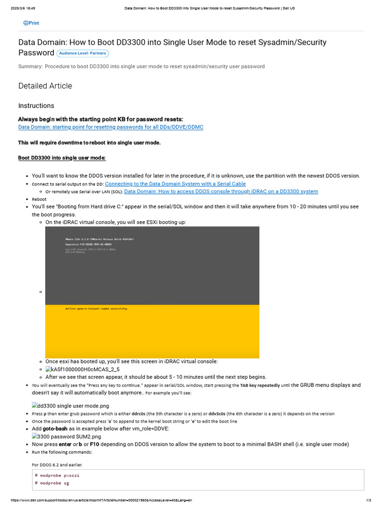 Data Domain - How To Boot DD3300 Into Single User Mode To Reset Sysadmin - Security Password ...