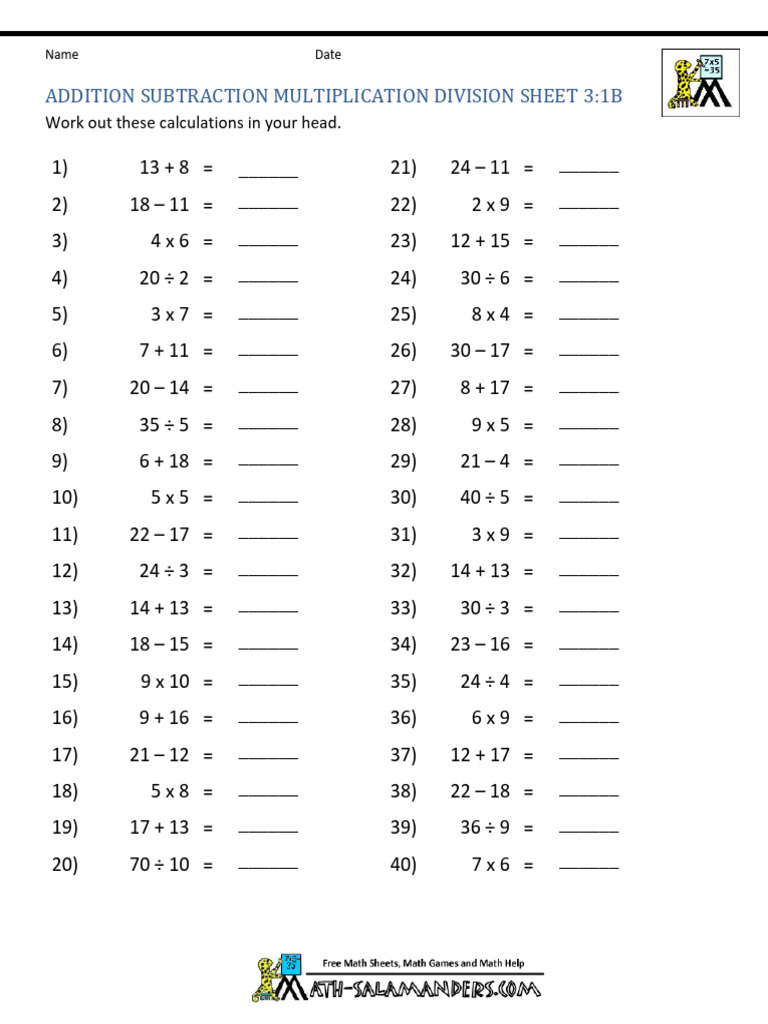 Addition Subtraction Multiplication Division Worksheet 3 1b | PDF ...