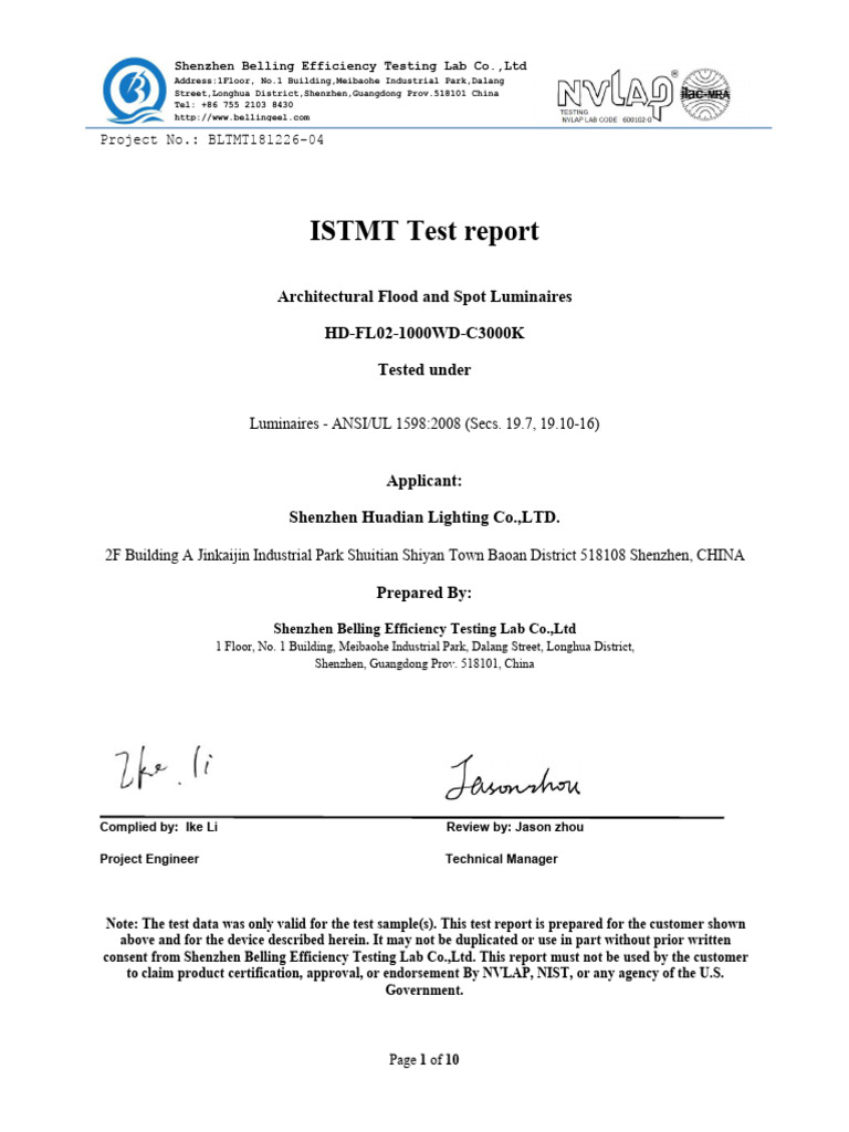 ISTMT Test Report: Architectural Flood and Spot Luminaires HD-FL02 ...