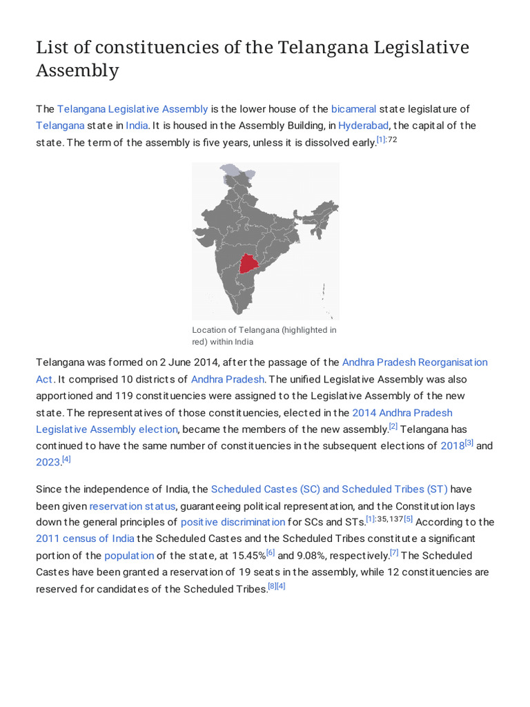 List of Constituencies of the Telangana Legislative Assembly - Wikipedia | PDF | Government ...