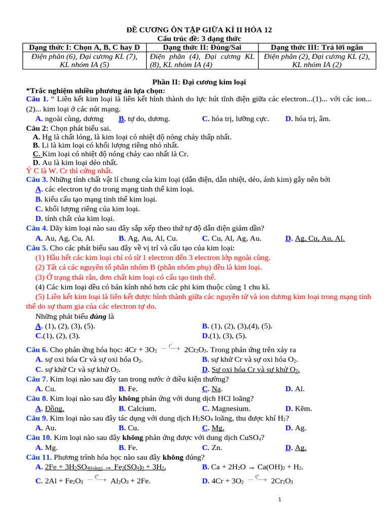 ĐỀ CƯƠNG GIỮA KÌ II H12 Phần II ĐA | PDF