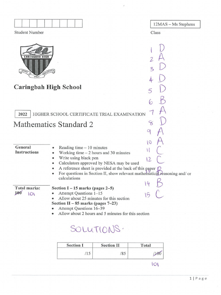 2022 Caringbah High School - S2 - Trial - Solutions | PDF
