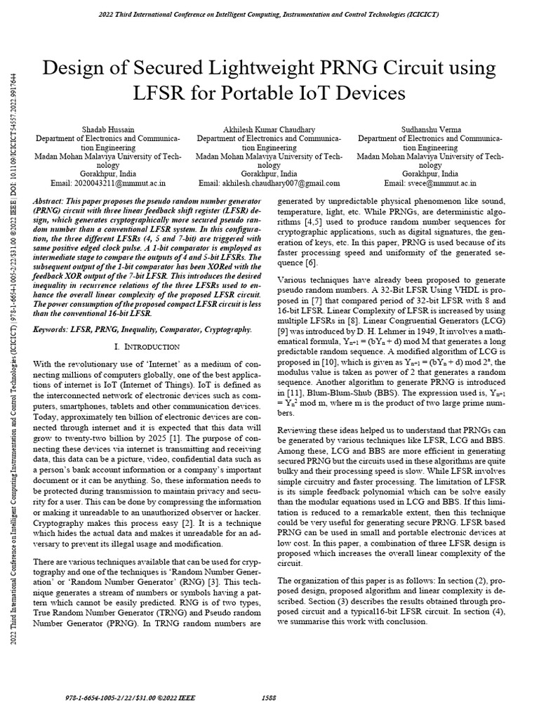 Secure Lightweight PRNG for IoT Devices | PDF | Theoretical Computer ...