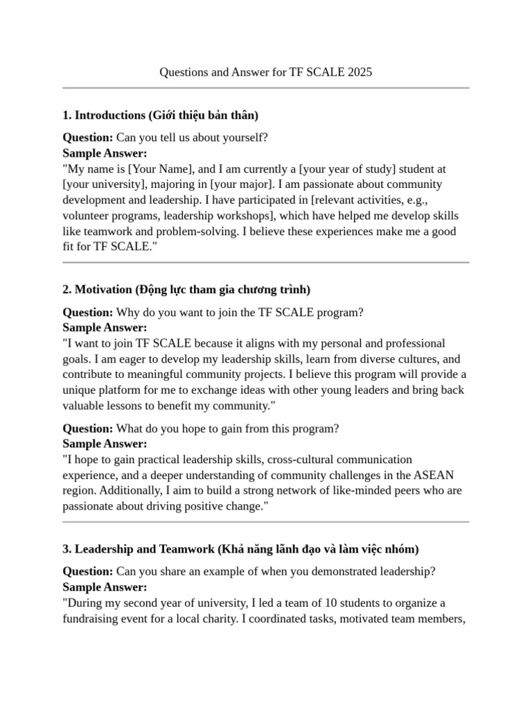 Questions and Answer For TF SCALE 2025 | PDF | Leadership | Motivation