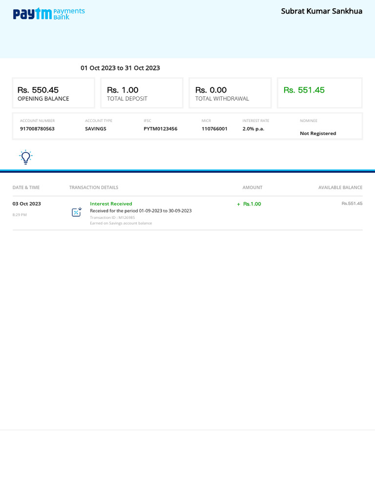 PPBL Noida Account Statement October 2023 | PDF | Banks | Deposit Account