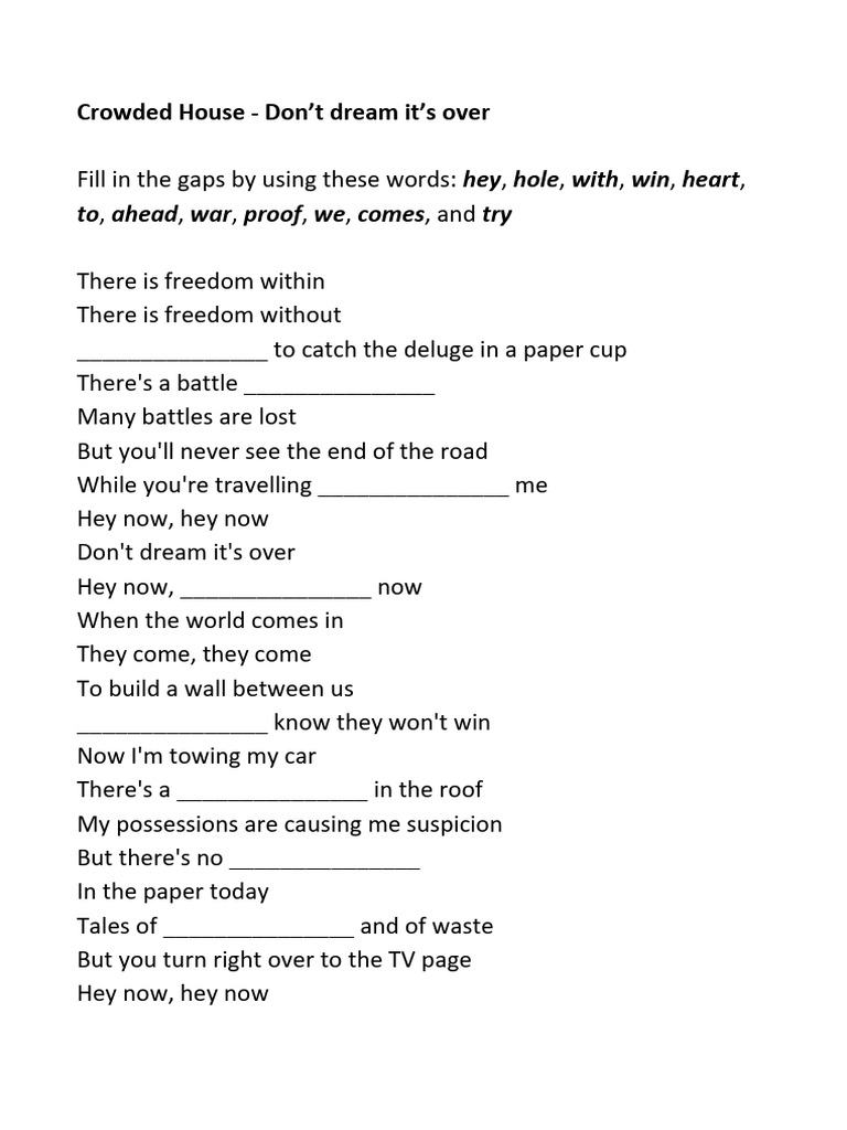 Crowded House - Don't Dream It's Over (Lyrics) | PDF