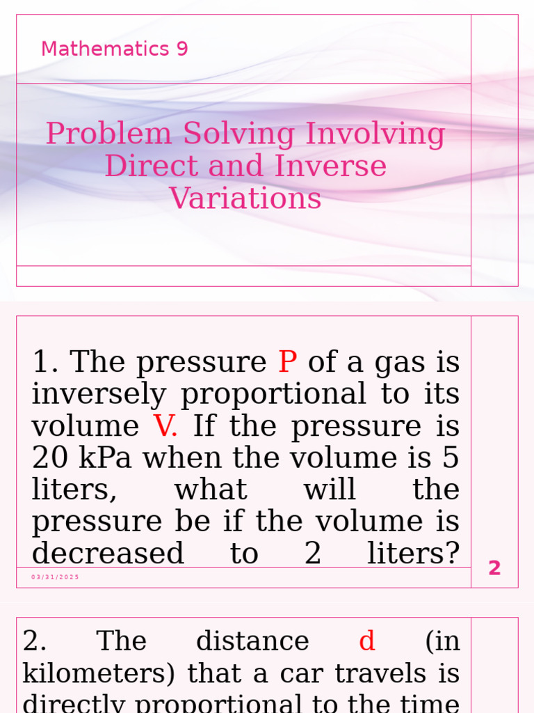 2.4 Problem Solving Involving Variation | PDF | Pressure | Gases