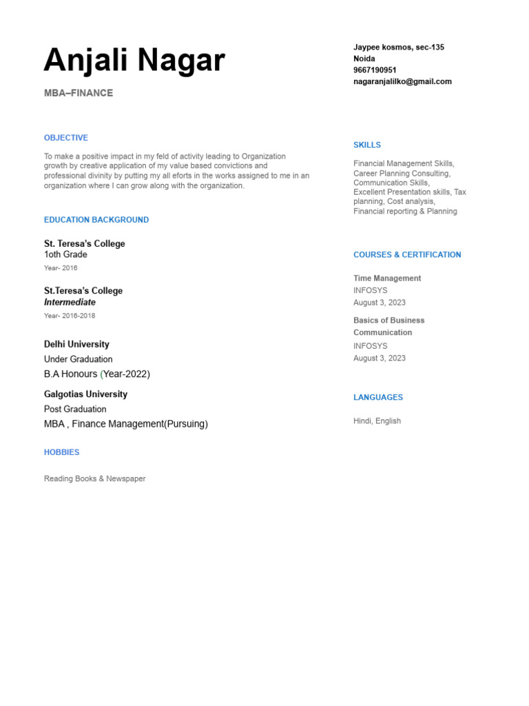 Anjali Nagar: Mba-Finance | PDF