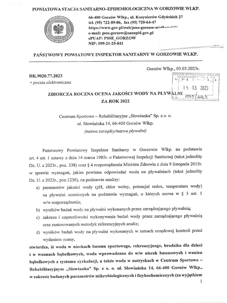 Roczna Ocena Jakosci Wody Na Plywalni Za 2022 | PDF