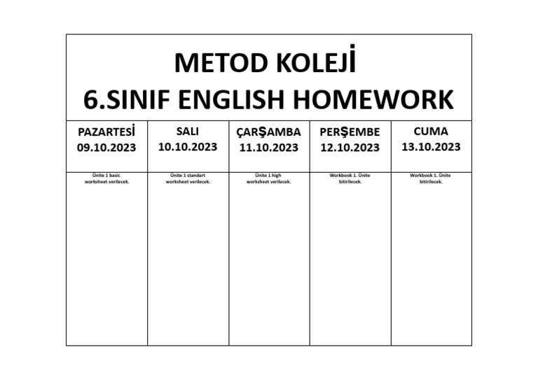 6.sinif Ingilizce Gunluk Odev Cizelgesi | PDF