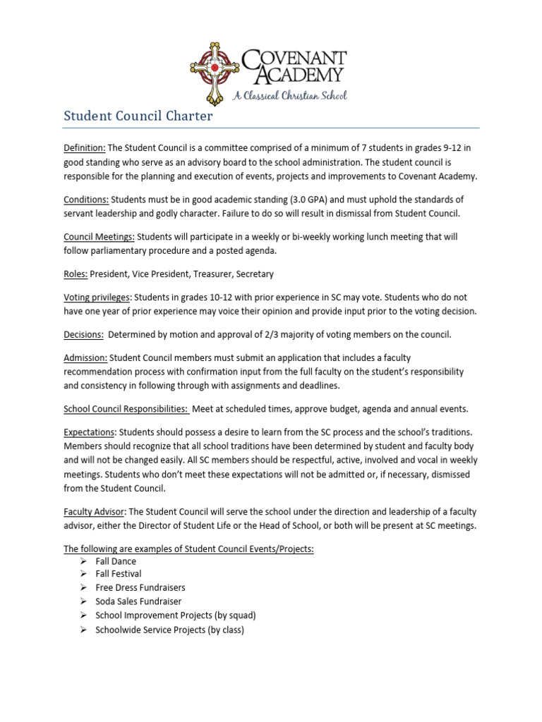 Covenant Academy Student Council Charter | PDF