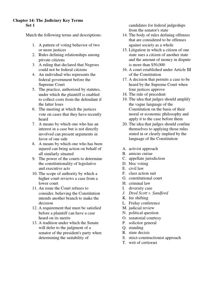 Chapter 14: The Judiciary Key Terms Set 1: J. Dred Scott v. Sandford ...