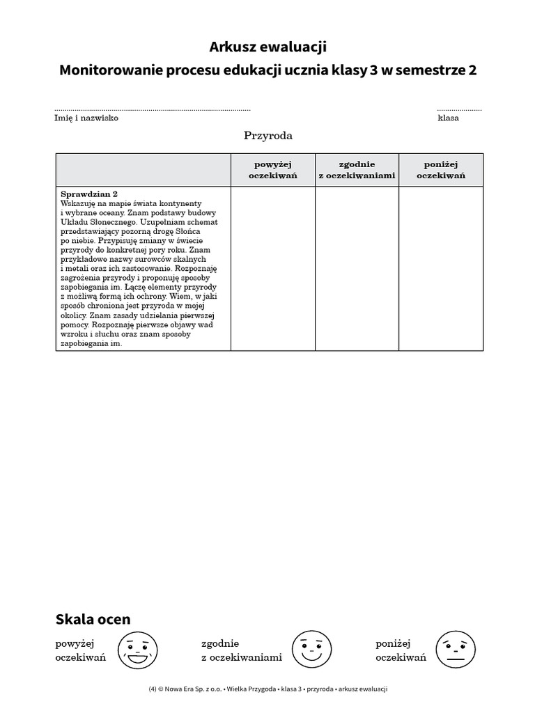 Arkusz Ewaluacji Semestr 2 Przyroda | PDF