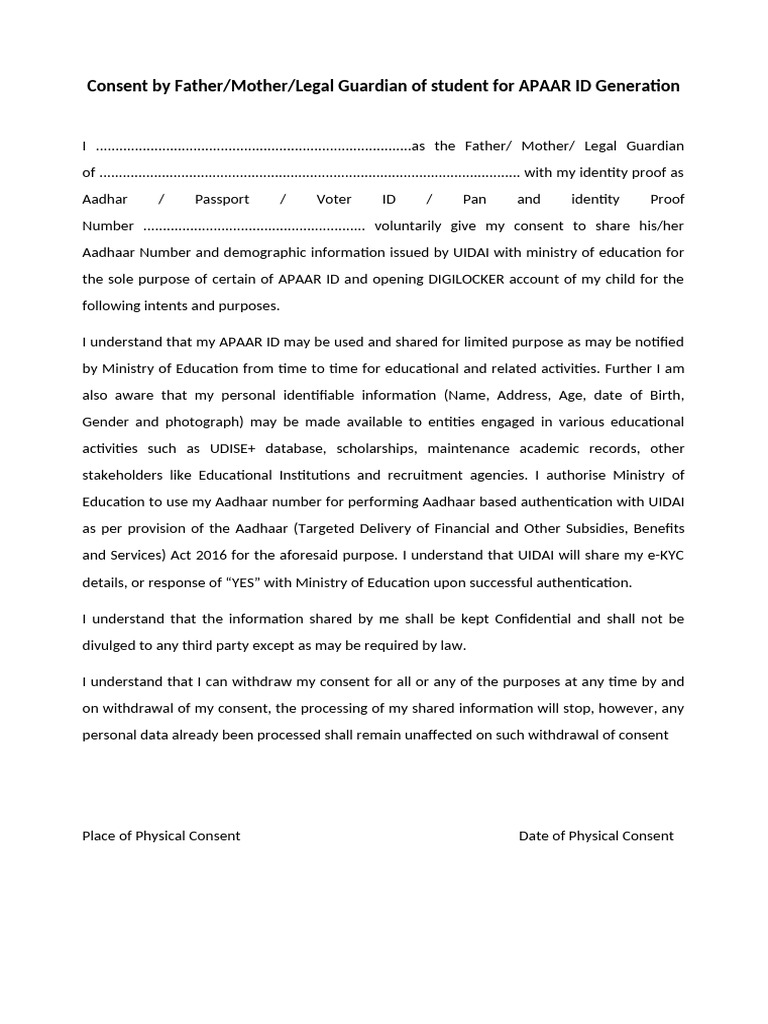 Consent by Father Mother Legal Guardian of Student For APAAR ID Generation | PDF