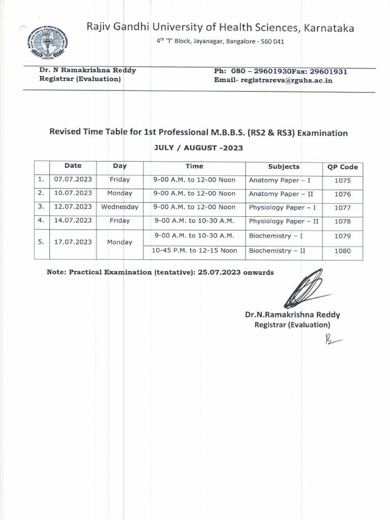 Revised Time Table For 1st 3rd Professional MBBS RS2RS3 Examination ...