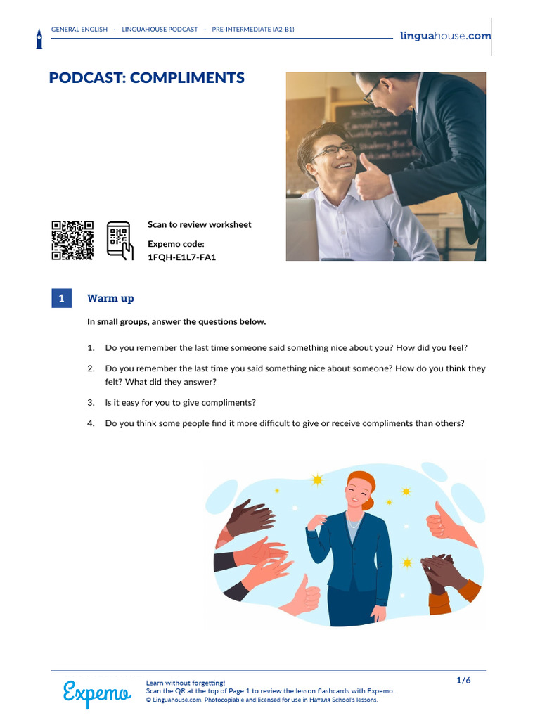 Podcast Compliments British English Student A2 B1 | PDF | Self Esteem | Cognition
