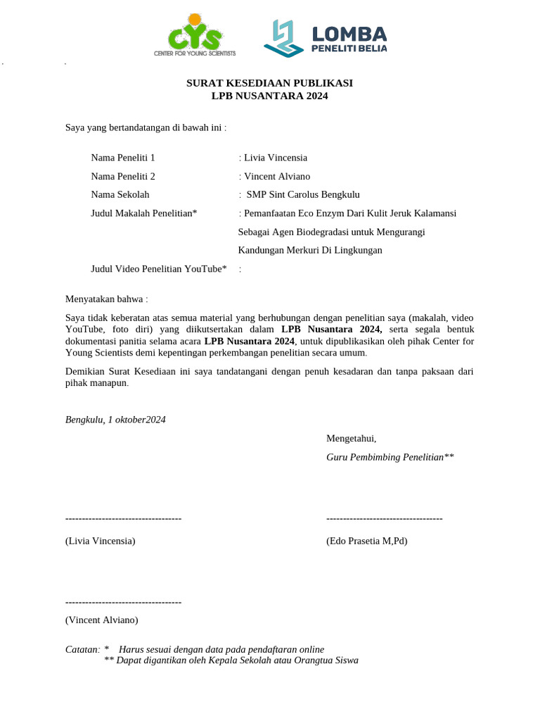 LPB Nusantara 2024_Format_Surat Kesediaan Publikasi | PDF
