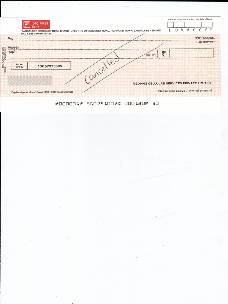 IDFC First Cancelled Cheque | PDF