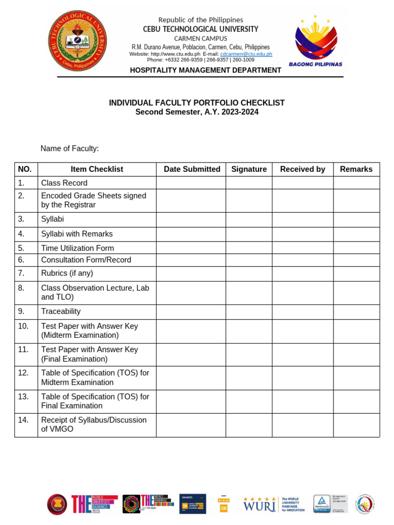 Faculty Portfolio Checklist 2023-2024 | PDF