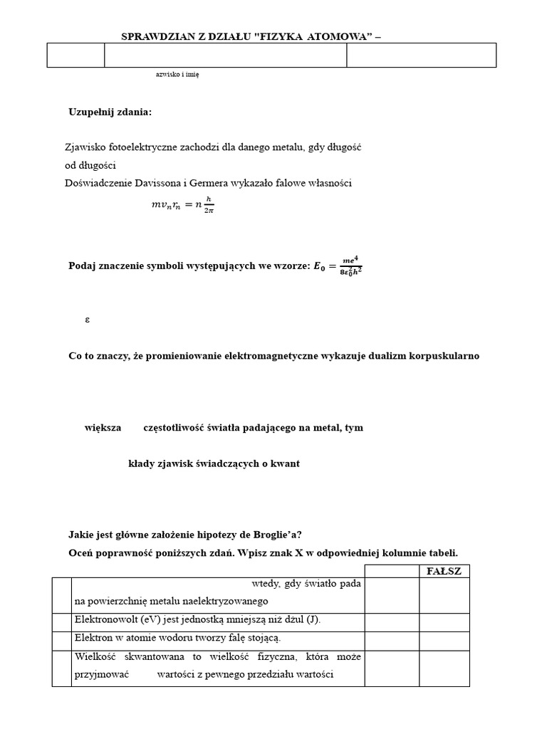 3a Sprawdzian Fizyka Atomowa - Grupa A | PDF