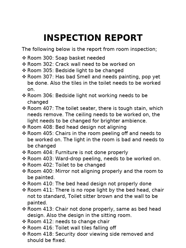 Room Inspection Report Summary | PDF