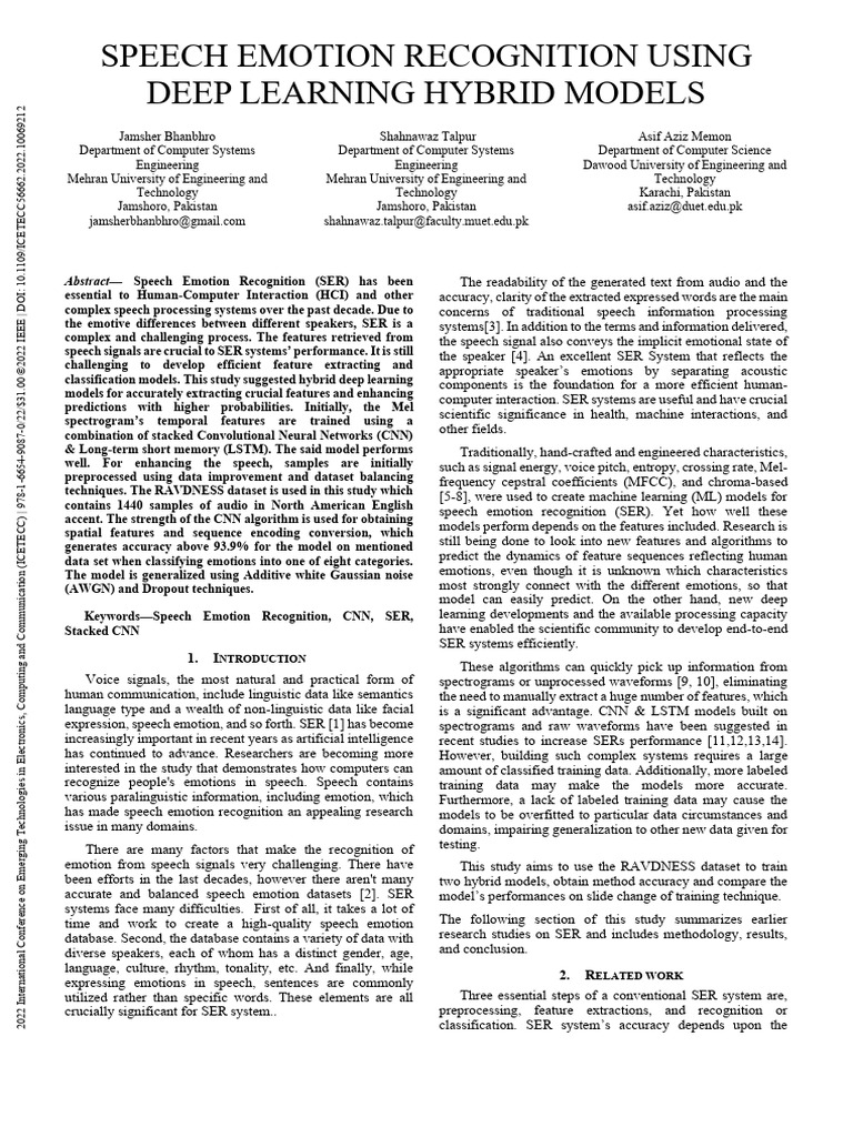 Speech Emotion Recognition Using Deep Learning Hybrid Models Pdf
