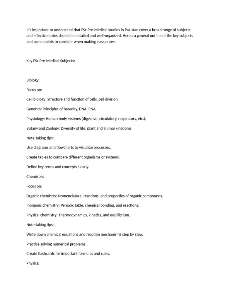 FSc Pre-Medical Subjects and Notes Guide | PDF | Chemistry | Biology