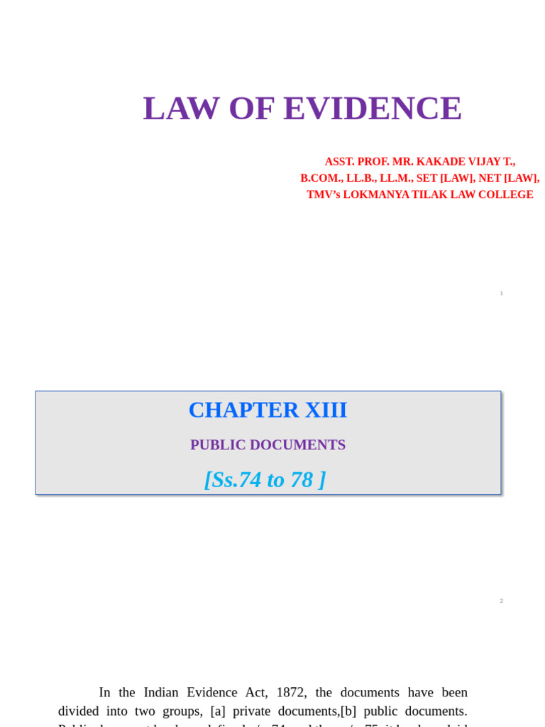Law of Evidence Chapter XIII (Ss.74 - 78) | PDF | Judge | Document