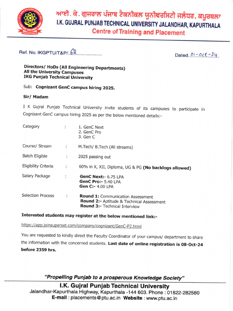 Letter Cognizant GenC Campus Hiring 2025 | PDF | Laptop | Recruitment