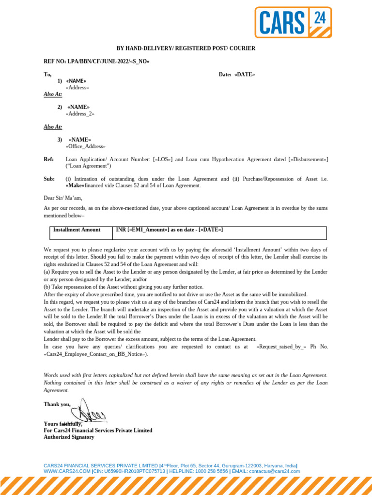 BUYBACK NOTICE FORMAT NEW-2 | PDF | Loans | Repossession