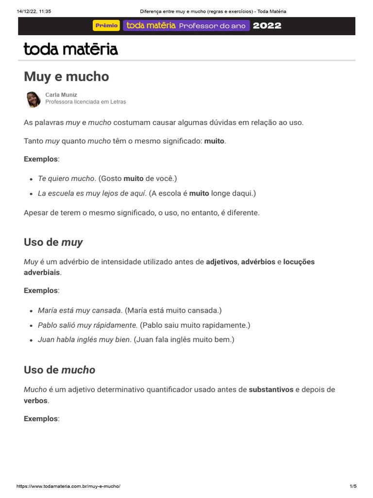 Diferença Entre Muy e Mucho (Regras e Exercícios) - Toda Matéria | PDF ...