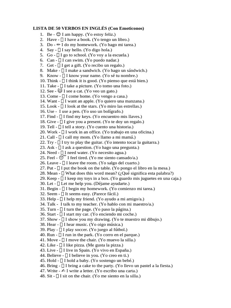 50 Verbos en Inglés y Español | PDF | Grabación de sonido