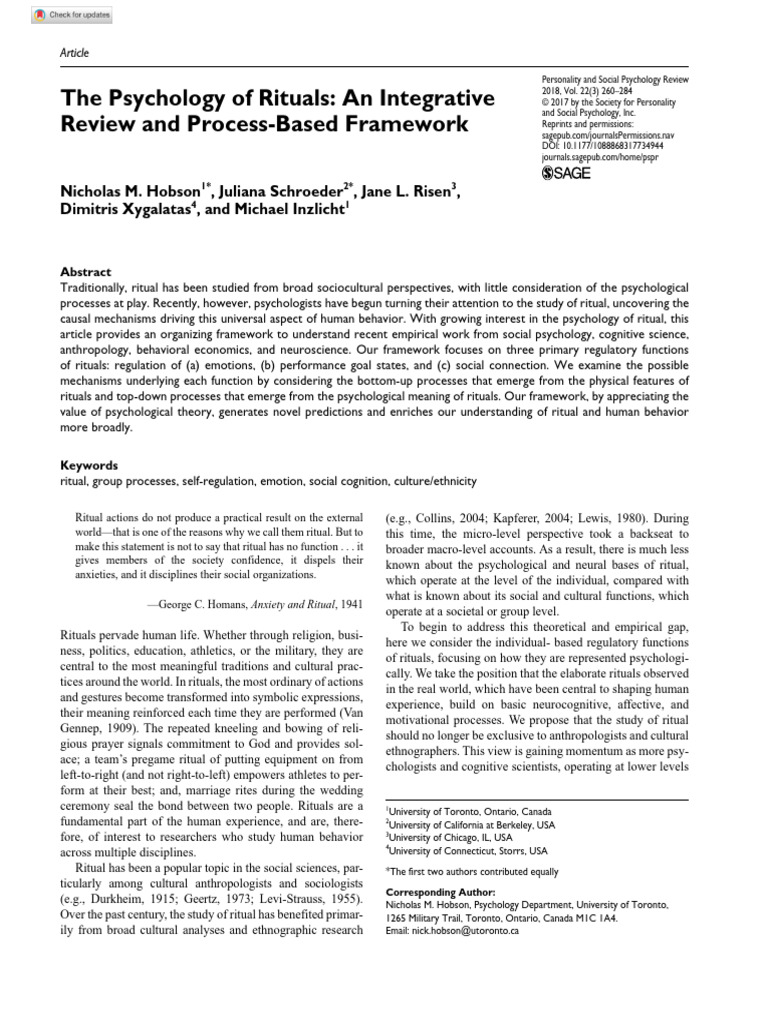 Hobson Et Al 2017 The Psychology of Rituals An Integrative Review and ...