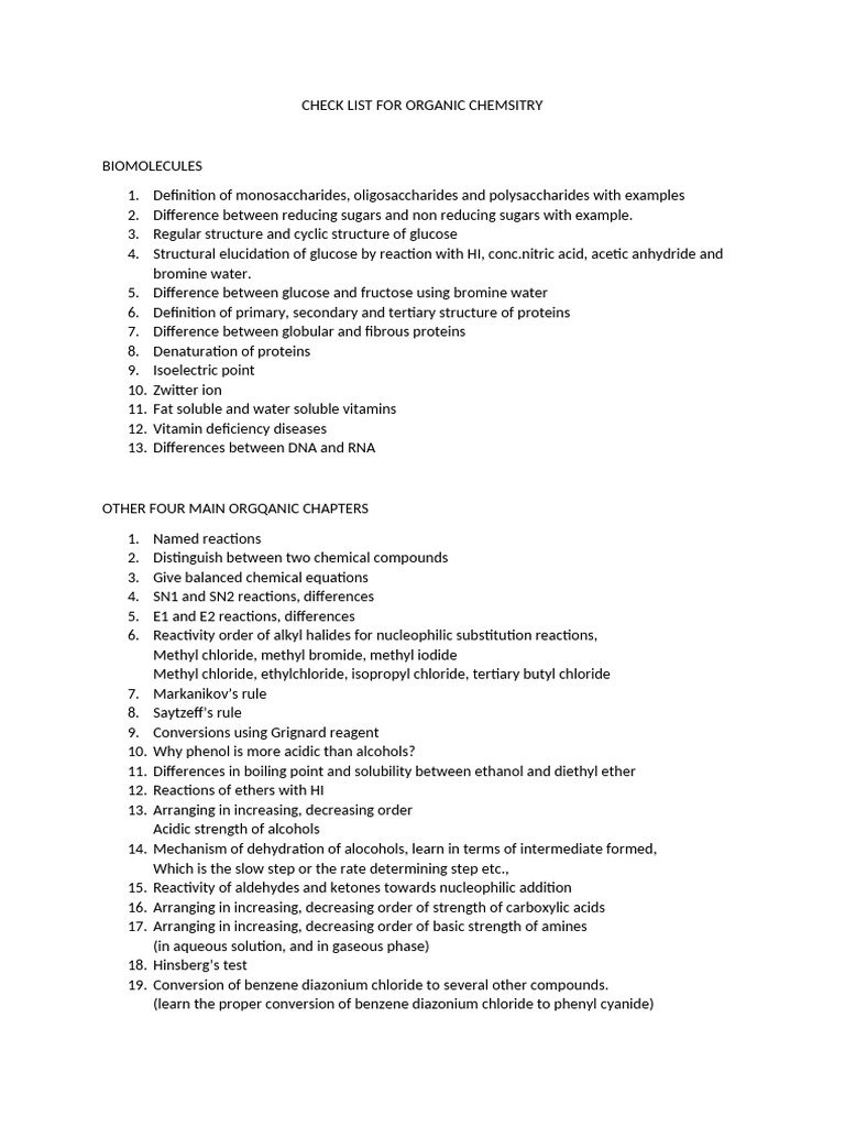 Check List For Organic Chemistry | PDF | Ether | Chemical Reactions