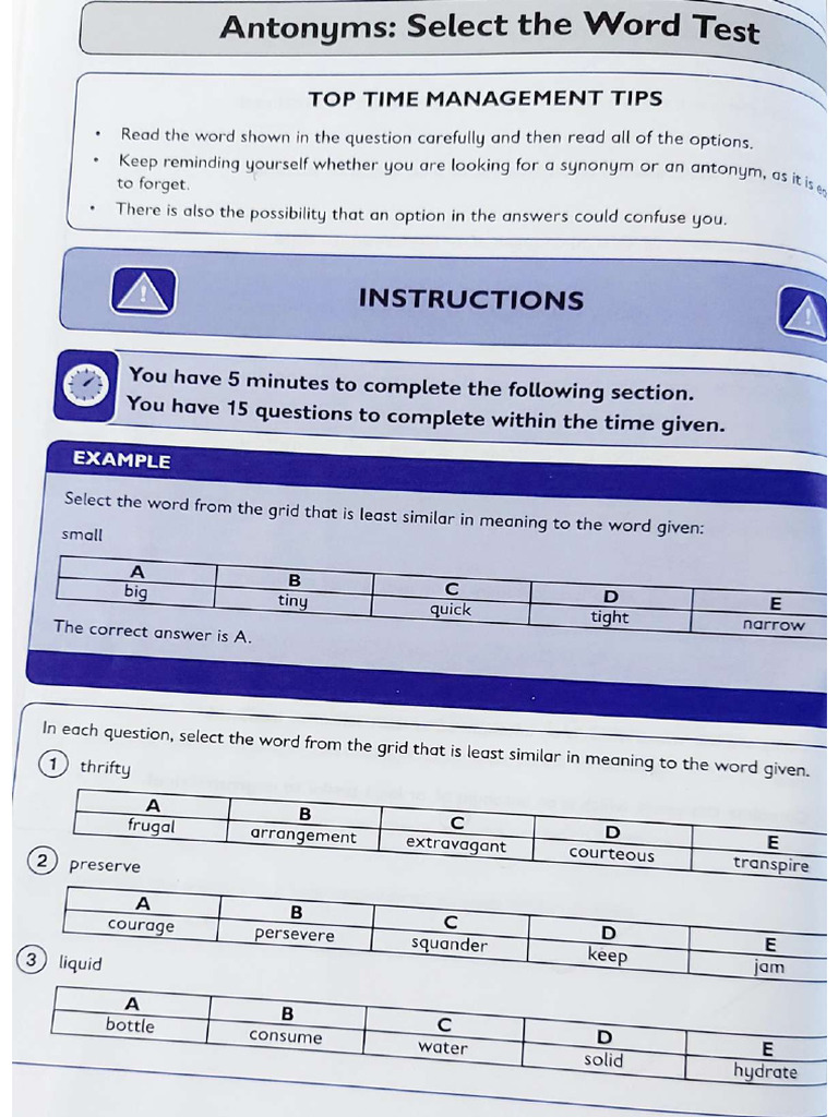 Antonyms Select the word test | PDF