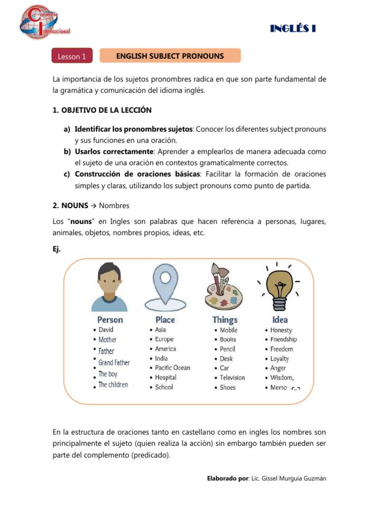 Lesson 1 - Subject Pronouns | PDF | Asunto (gramática) | Mecánica del ...