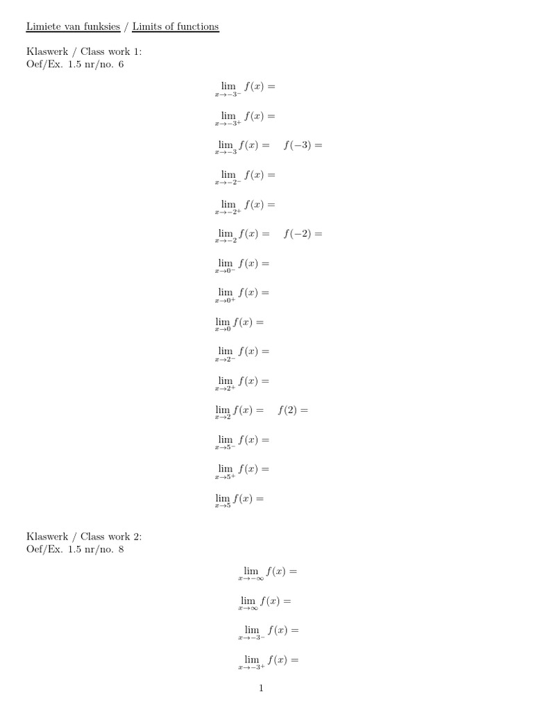 Limits of Functions Class Work Exercises | PDF
