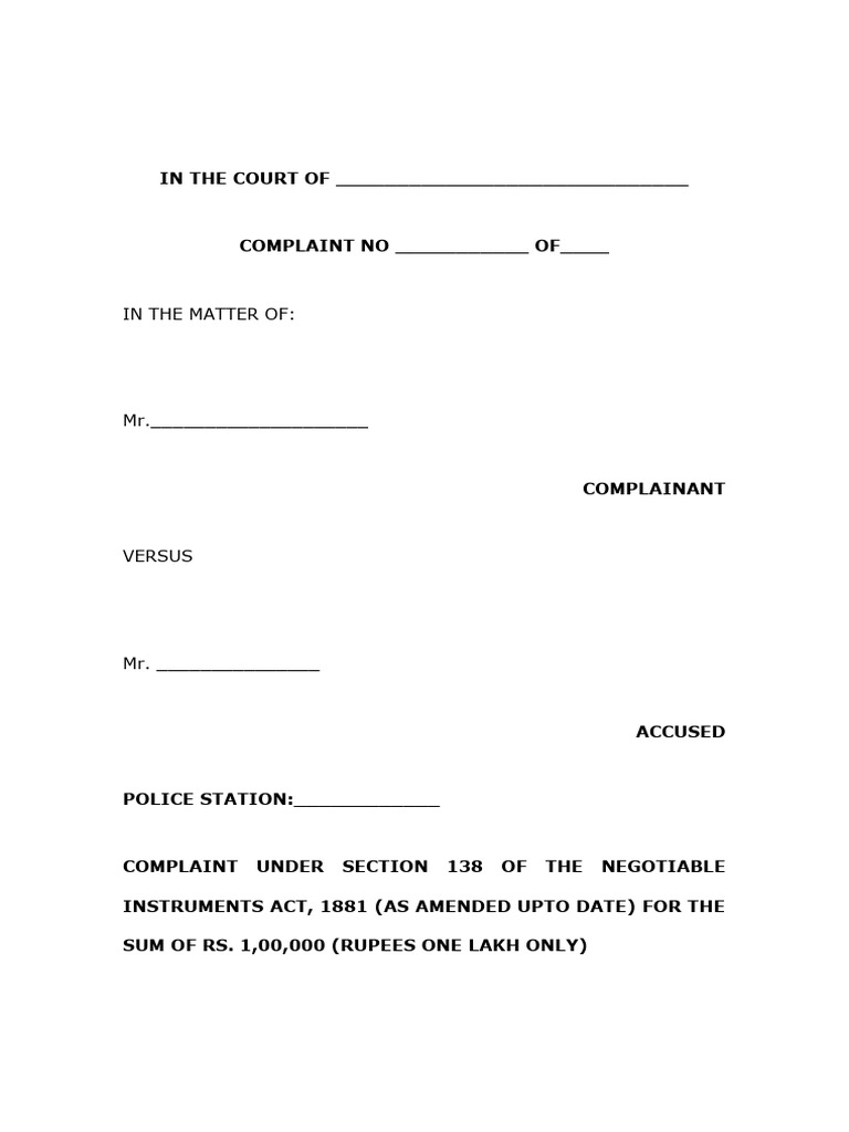 Complaint Under Section 138 NI Act | PDF | Cheque | Negotiable Instrument