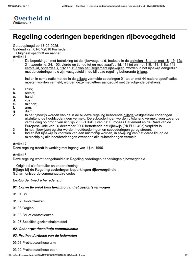 Rijbewijs Codes Wetten - NL - Regeling - Regeling Coderingen ...