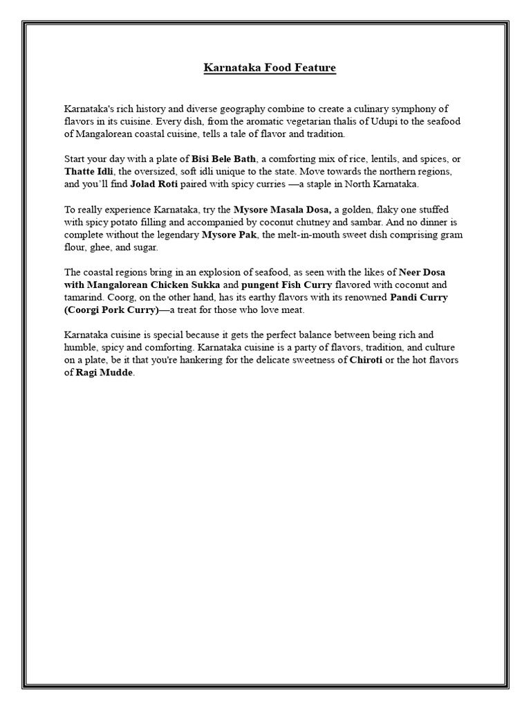 Karnataka Food Feature: Bisi Bele Bath Thatte Idli Jolad Roti Mysore Masala Dosa, Mysore Pak | PDF