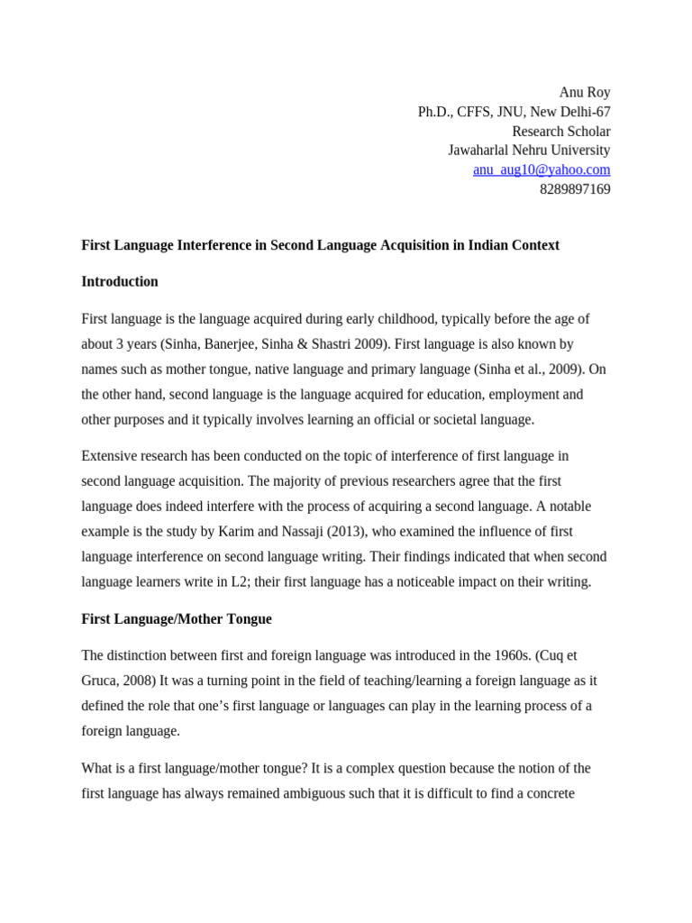 First Language Interference in Second Language Acquisition in Indian ...