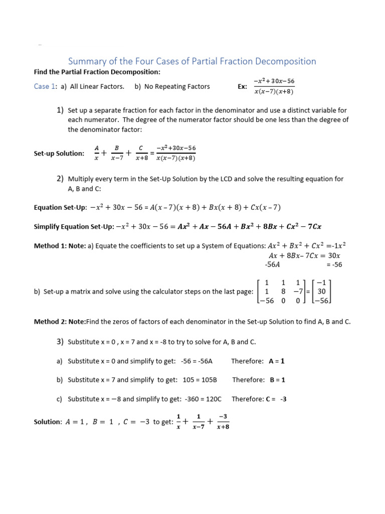 Partial Fraction Decomposition Guide | PDF | Matrix (Mathematics ...