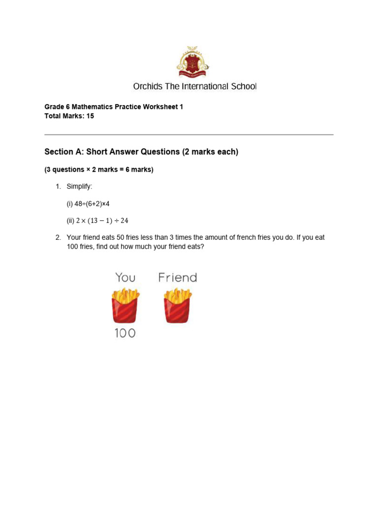 Grade 6 Mathematics Algebra Practice Worksheet 1 | PDF